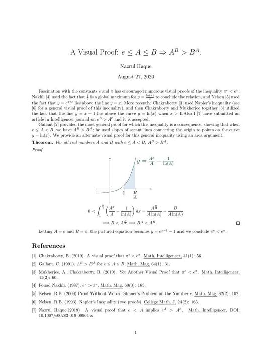 A Visual Proof: e ≤ A ≤ B ⇒ A^B > B^A. | Mathematics | Cambridge Open ...