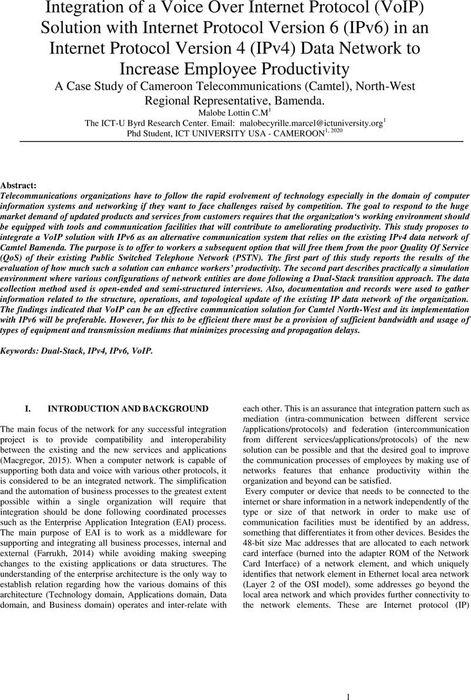 Integration of a Voice Over Internet Protocol (VoIP) Solution with Internet Protocol Version 6 ...