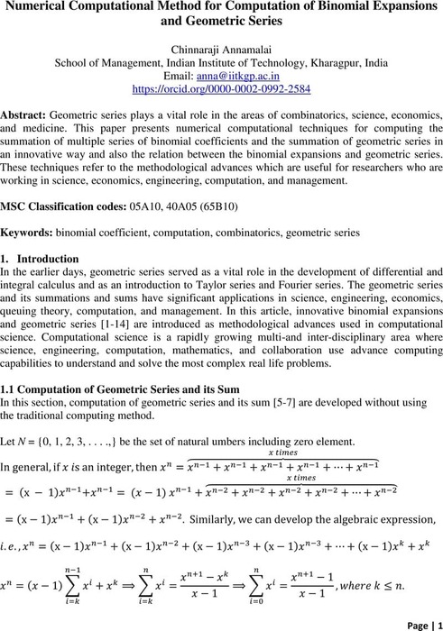 Numerical Computational Method for Computation of Binomial Expansions and Geometric Series ...