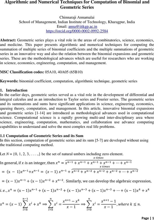 Algorithmic and Numerical Techniques for Computation of Binomial and Geometric Series ...