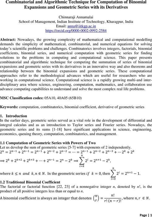 Combinatorial and Algorithmic Technique for Computation of Binomial Expansions and Geometric ...
