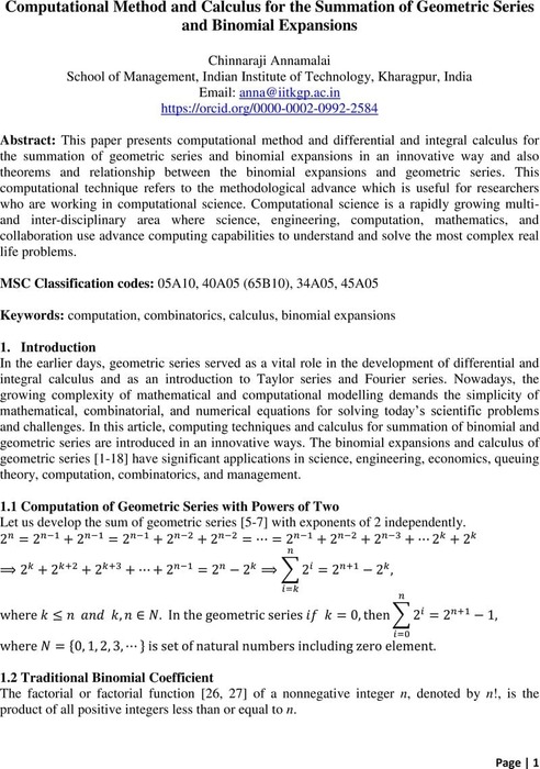 Computational Method and Calculus for the Summation of Geometric Series and Binomial Expansions ...