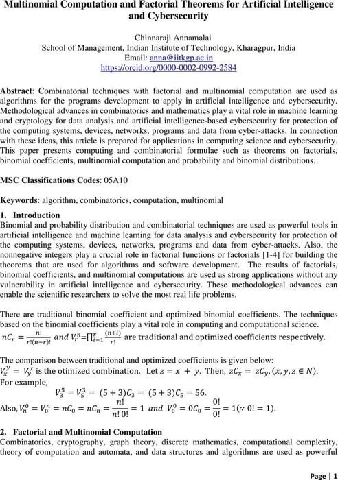 Multinomial Computation and Factorial Theorems for Artificial Intelligence and Cybersecurity ...