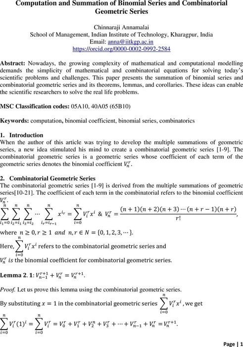 Computation and Summation of Binomial Series and Combinatorial Geometric Series | Mathematics ...