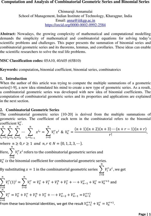 Computation And Analysis Of Combinatorial Geometric Series And Binomial Series Mathematics