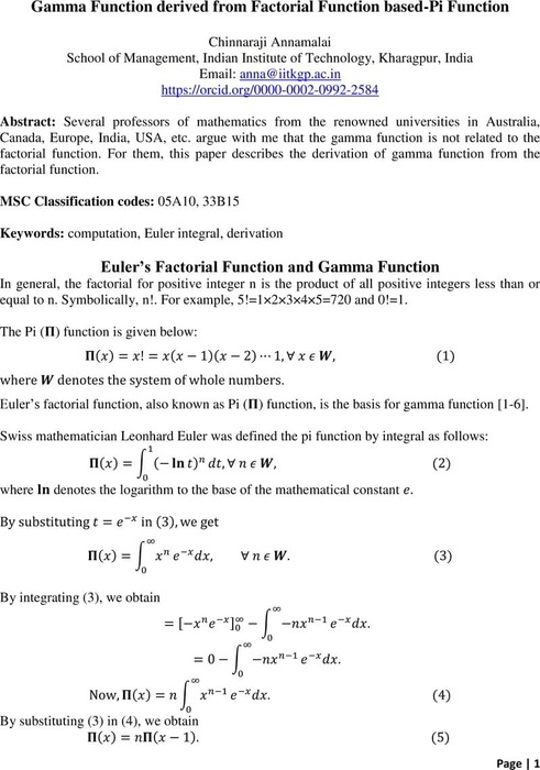 Gamma Function Derived From Factorial Function Based Pi Function Mathematics Cambridge Open