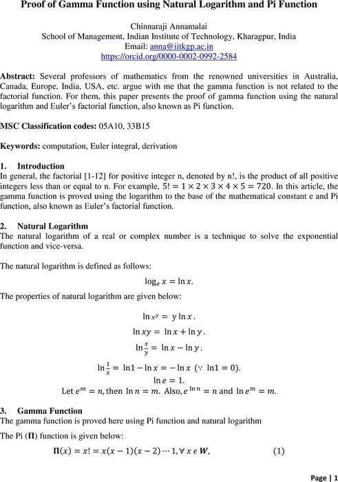 Proof of Gamma Function using Natural Logarithm and Pi Function | Mathematics | Cambridge Open ...