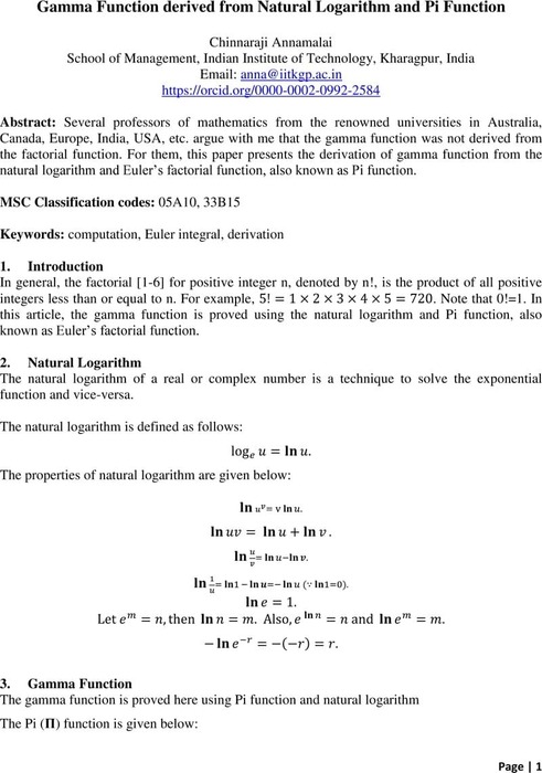 Gamma Function Derived From Natural Logarithm And Pi Function Mathematics Cambridge Open Engage