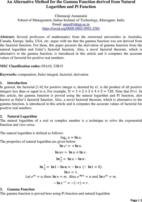 An Alternative Method For The Gamma Function Derived From Natural Logarithm And Pi Function