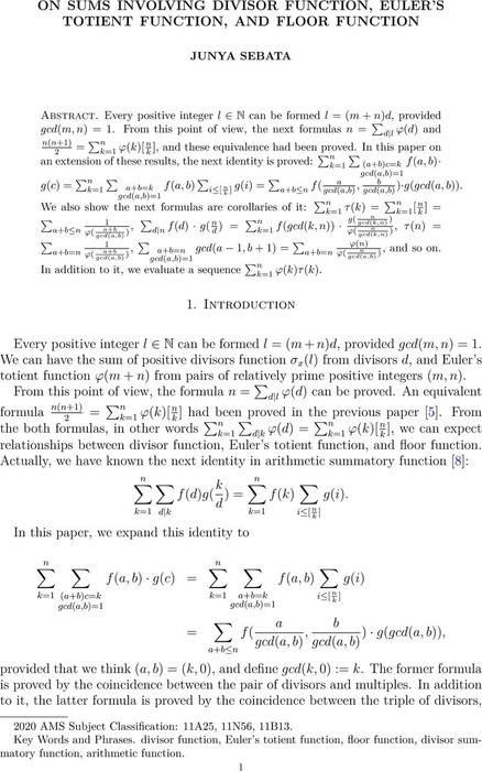 On Sums Involving Divisor Function Euler S Totient Function And Floor Function Mathematics