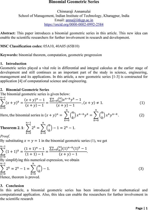 Binomial Geometric Series Mathematics Cambridge Open Engage