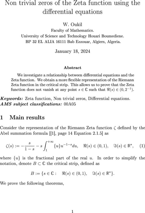 Non trivial zeros of the Zeta function using the differential equations | Mathematics ...