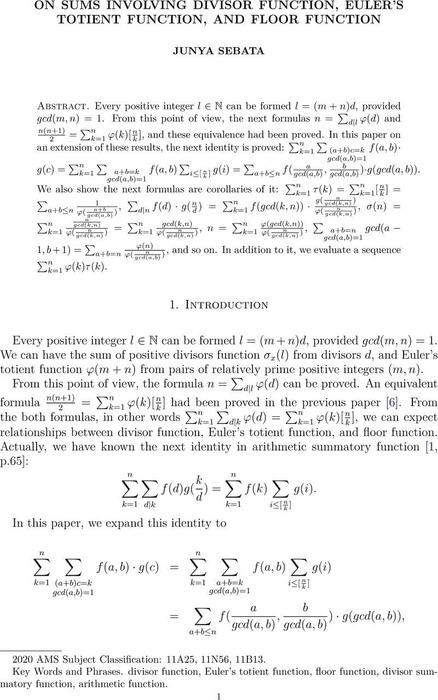 On sums involving divisor function, Euler's totient function, and floor function | Mathematics ...