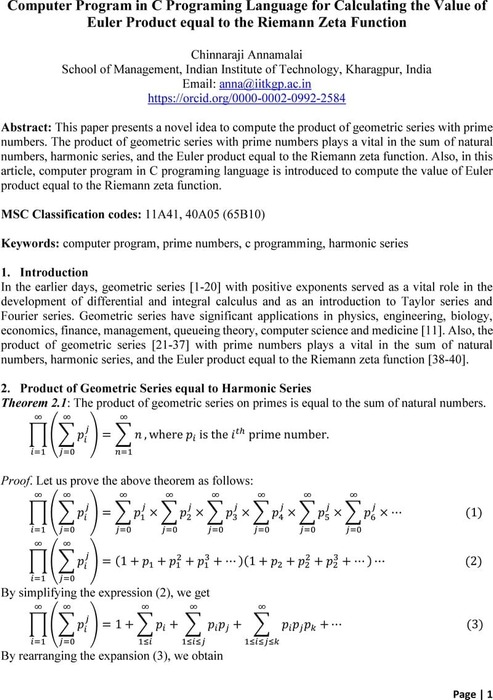Computer Program in C Programing Language for Calculating the Value of Euler Product equal to ...