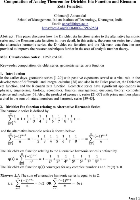 Computation of Analog Theorem for Dirichlet Eta Function and Riemann Zeta Function | Mathematics ...