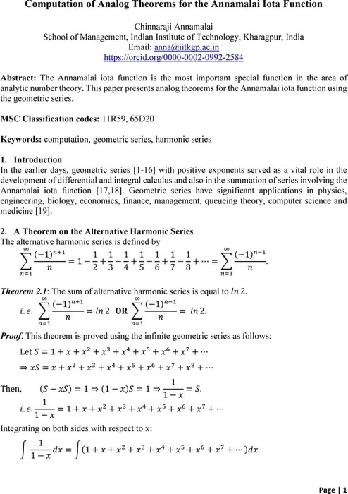 Computation of Analog Theorems for the Annamalai Iota Function | Mathematics | Cambridge Open Engage