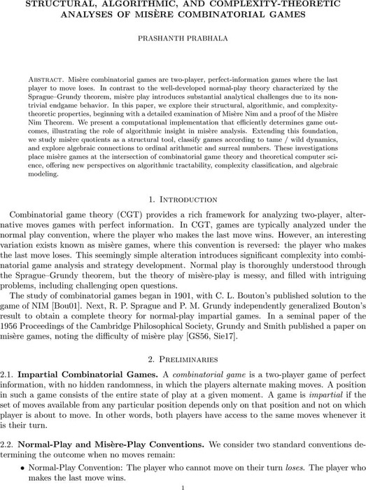Structural, Algorithmic, and Complexity-Theoretic Analyses of Misère Combinatorial Games ...