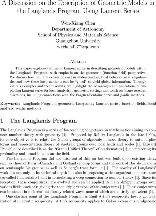 A Discussion on the Description of Geometric Models in the Langlands Program Using Laurent ...